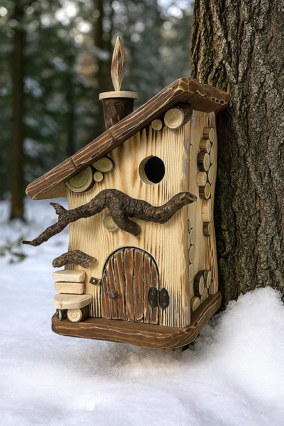 Woodland Cottage Birdhouse With Porch Bench | Rustic Forest Cabin ...