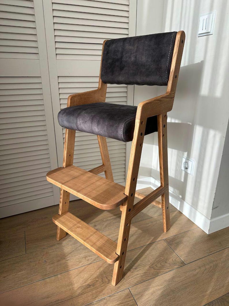 Adjustable Wooden High Stool: Kids Growing Chair With Cushioned Seat - Etsy