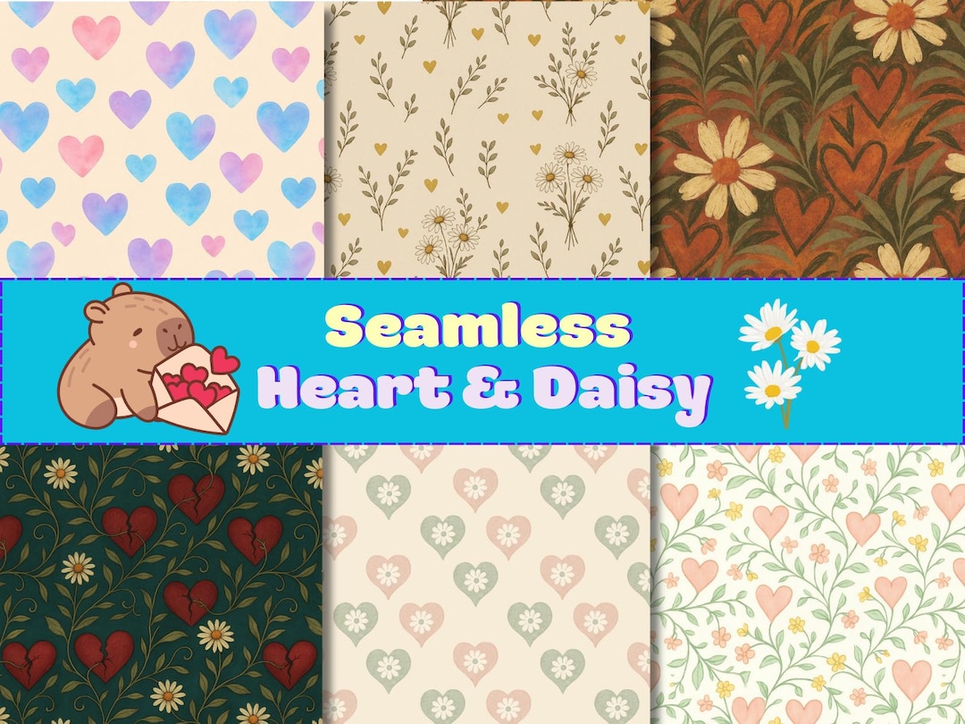 Seamless Heart and Daisy Digital Paper – Aesthetic Vintage Floral ...