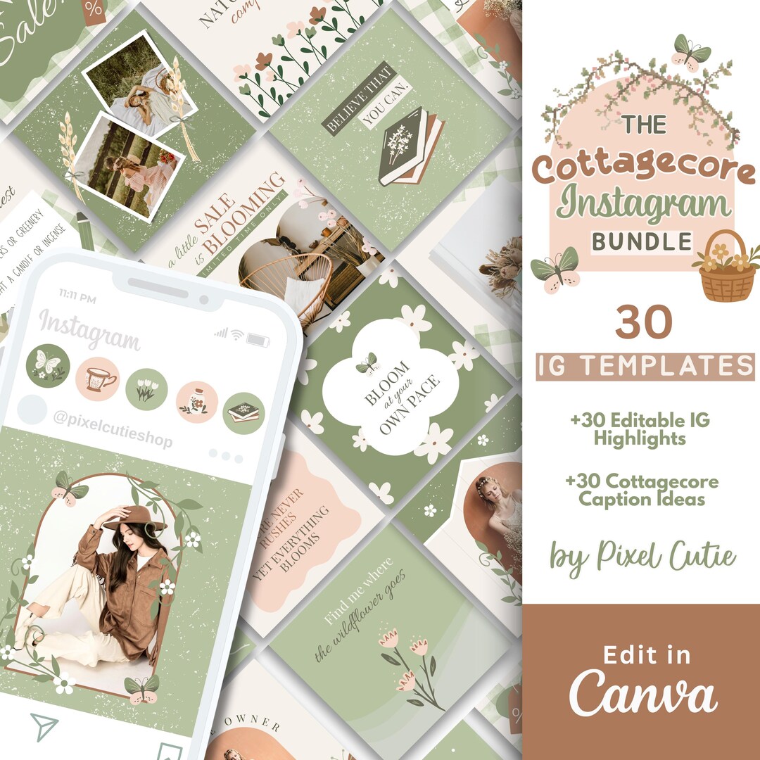 Cottagecore Instagram Canva Templates, Cozy IG Post Bundle for Small ...