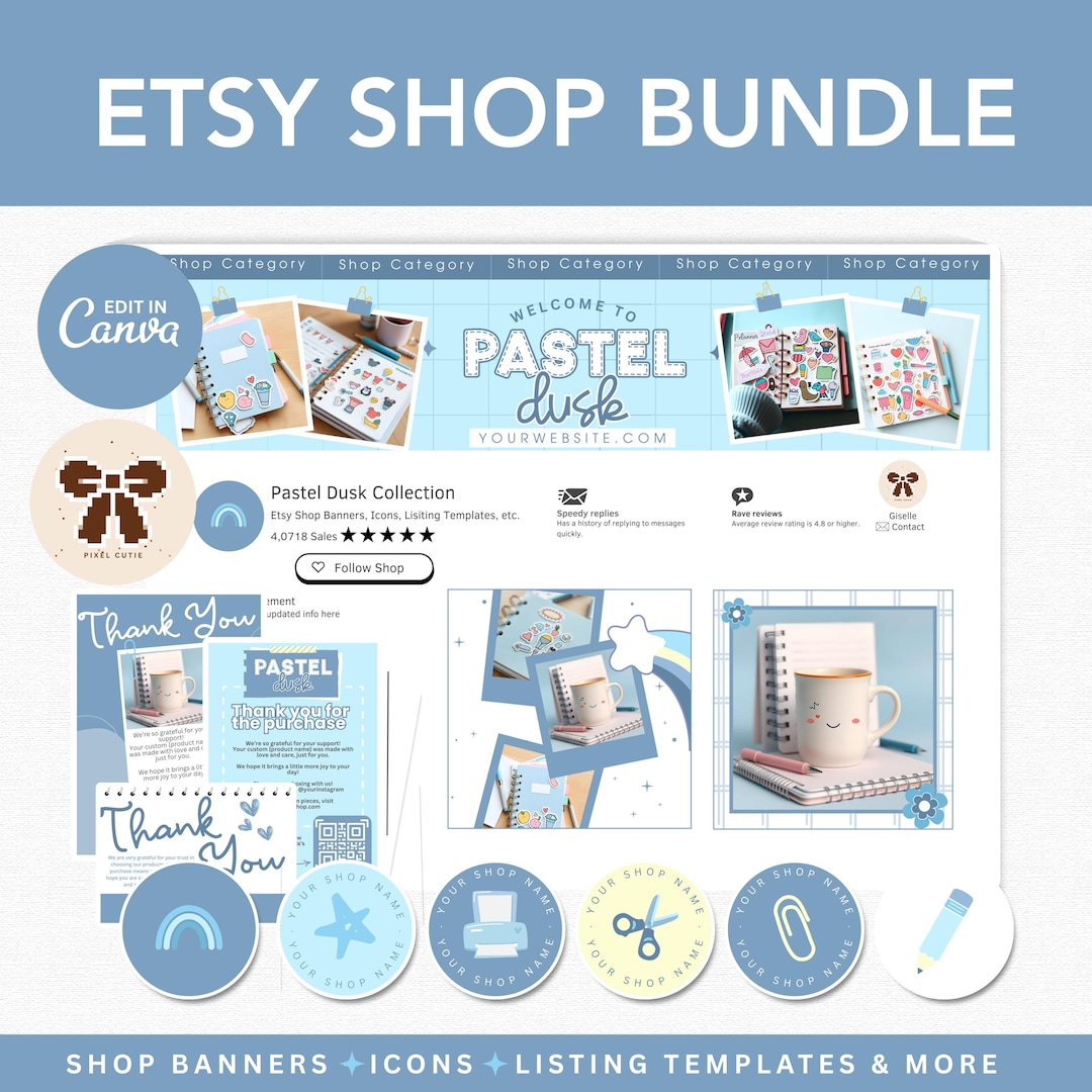 Etsy Shop Kit, Etsy Shop Bundle, Pastel Dusk, Etsy Banner, Blue Etsy ...