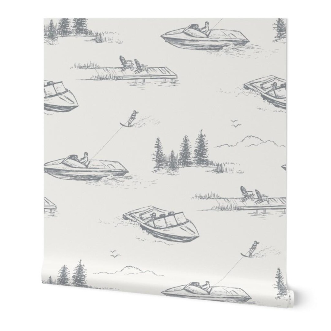 Lake House Wallpaper: Toile Water Skiers, Gray & White Peel and Stick ...