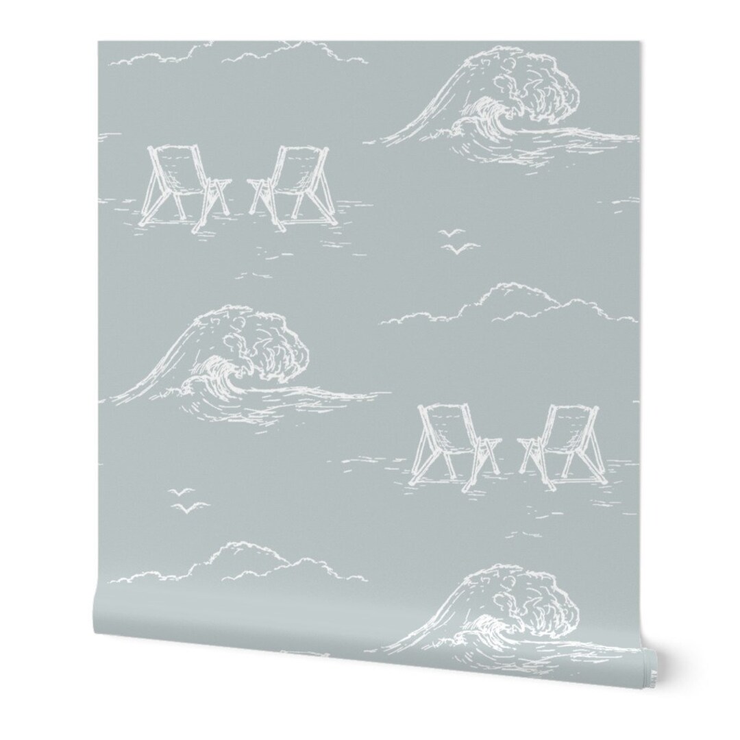 Custom Beach Wallpaper for Coastal Homes Hand-drawn Waves Surfing ...