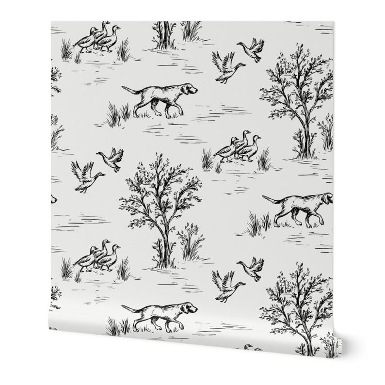 French Country Toile Wallpaper – Rustic Hunting Dogs & Geese - Etsy