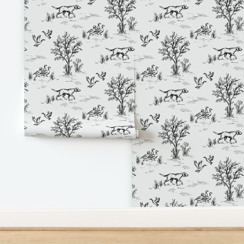 French Country Toile Wallpaper – Rustic Hunting Dogs & Geese - Etsy