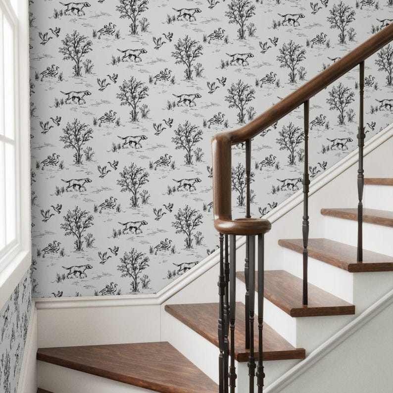 French Country Toile Wallpaper – Rustic Hunting Dogs & Geese - Etsy