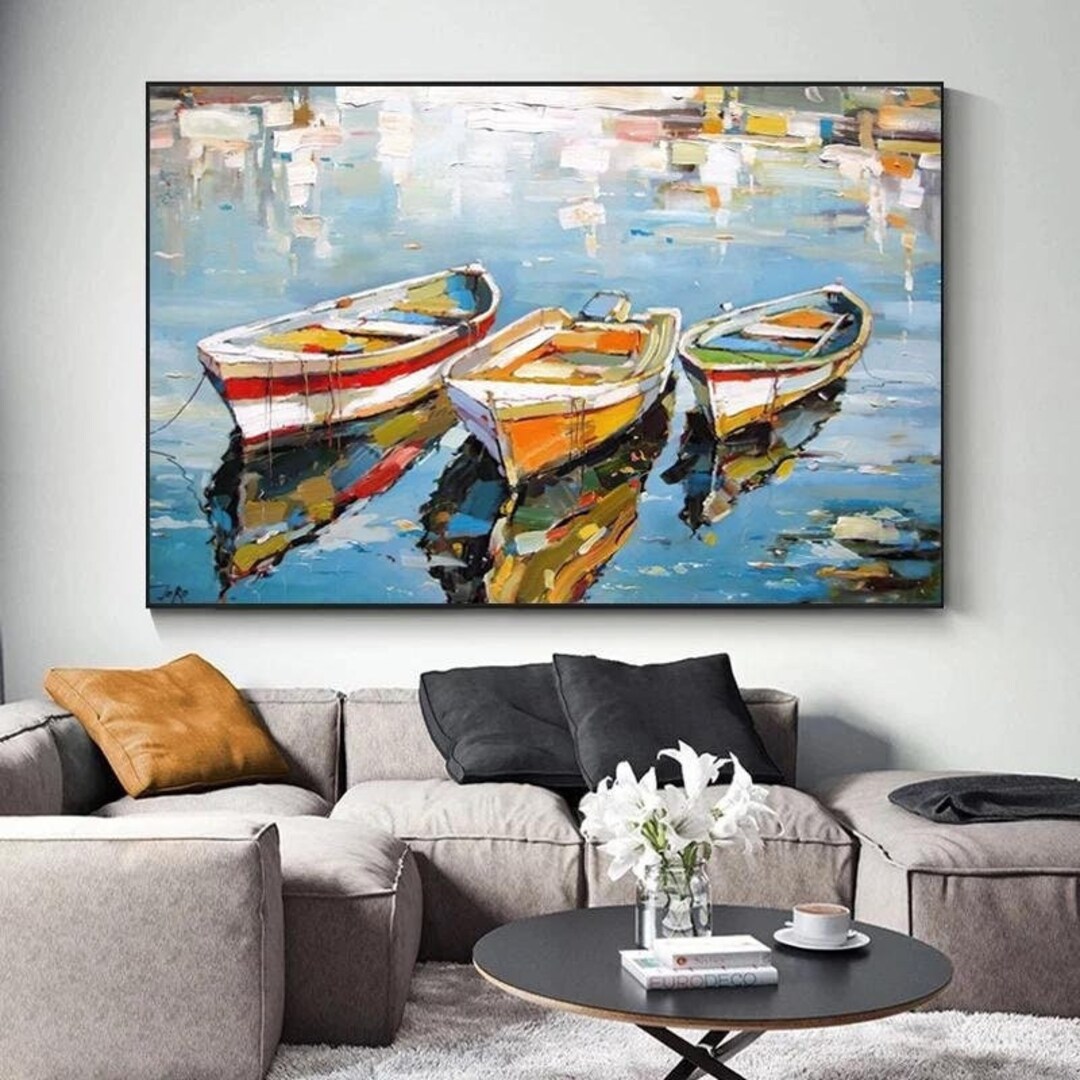 Oil Painting on Canvas Boats, Painting Abstract Water, Hand-painted Art ...