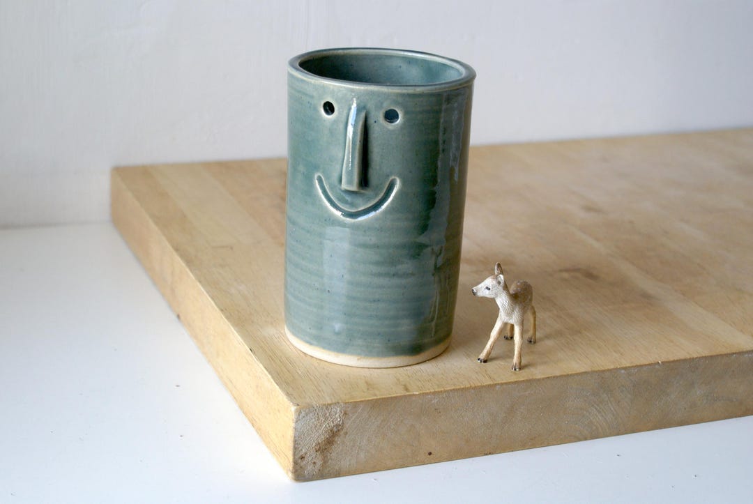 SALE - One Happy Smiling Face Pottery Vase Glazed in Ice Blue Handmade ...