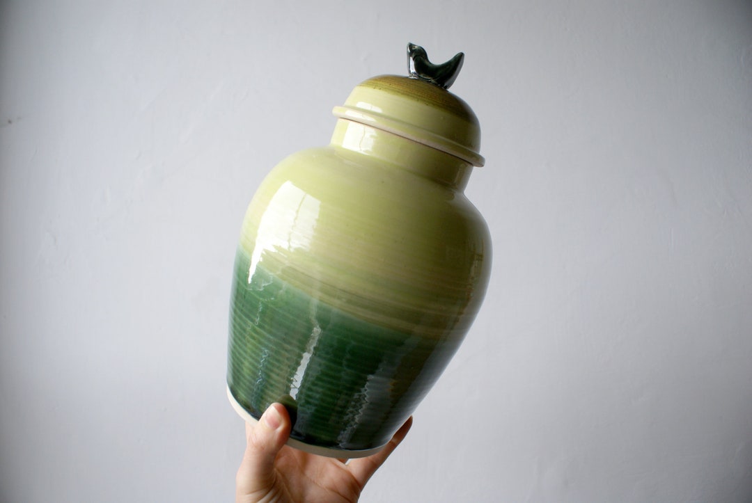 Hand Thrown Contemporary Tall Ginger Jar in Shades of Green and Yellow ...