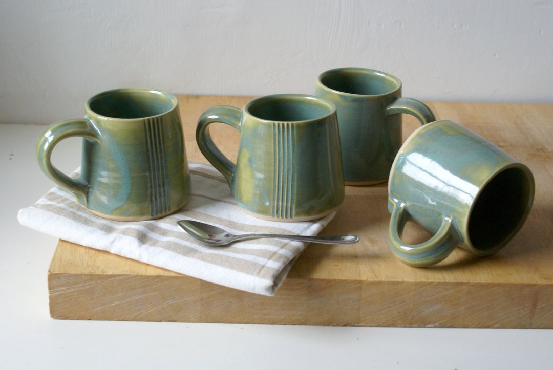 Set of Two Angled Mugs Wheel Thrown and Glazed With a Reactive Green ...