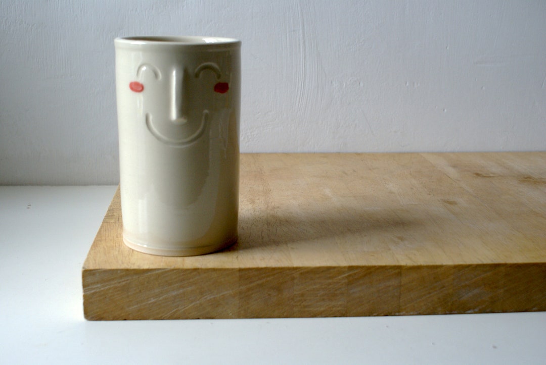 Handcrafted Small Stoneware Vase With Blushing Smiling Face in Glossy ...