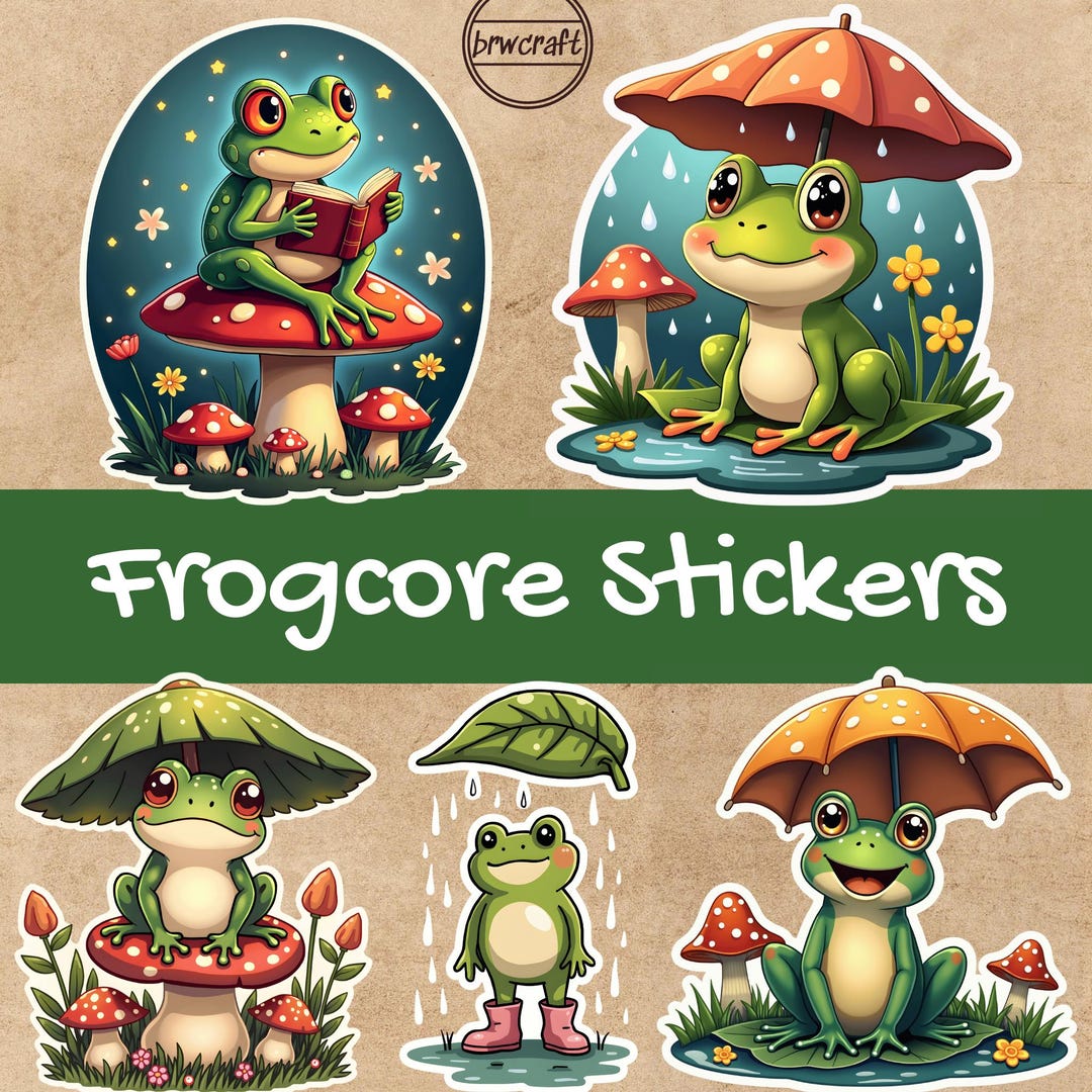 Cottagecore Frog Stickers – Kawaii Mushroom Nature Art (PNG Digital ...