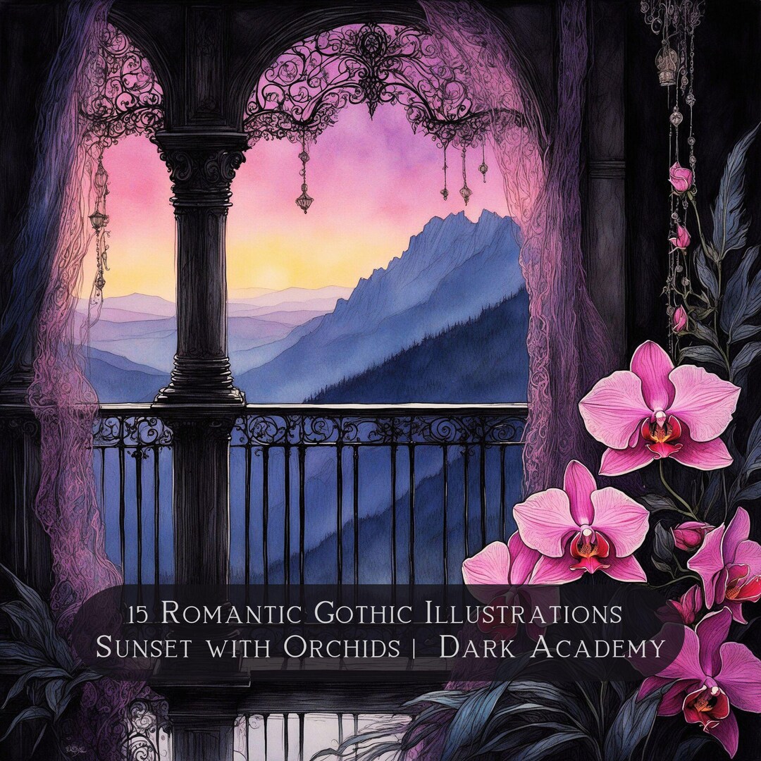 15 Romantic Gothic Illustrations | Sunset With Orchids Like Mystical ...