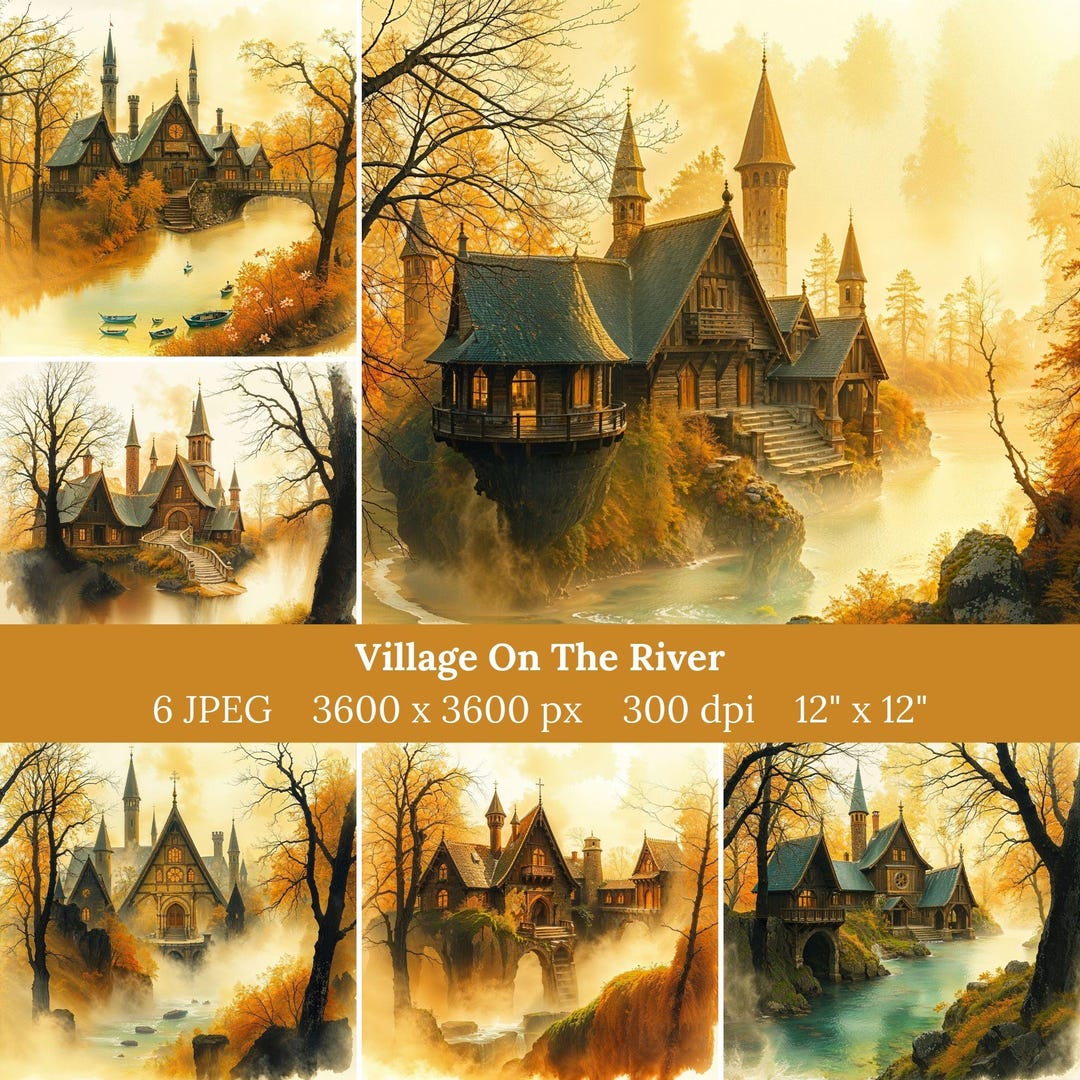 Village on the River - 6 Pages Watercolor Like Rivendell With Delicate ...