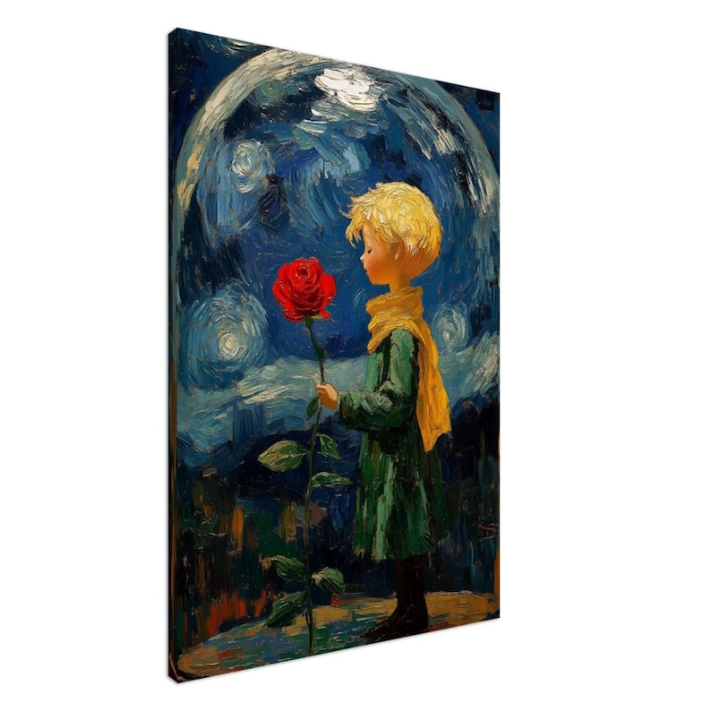 The Little Prince and Rose Canvas Print - Whimsical Starry Night ...