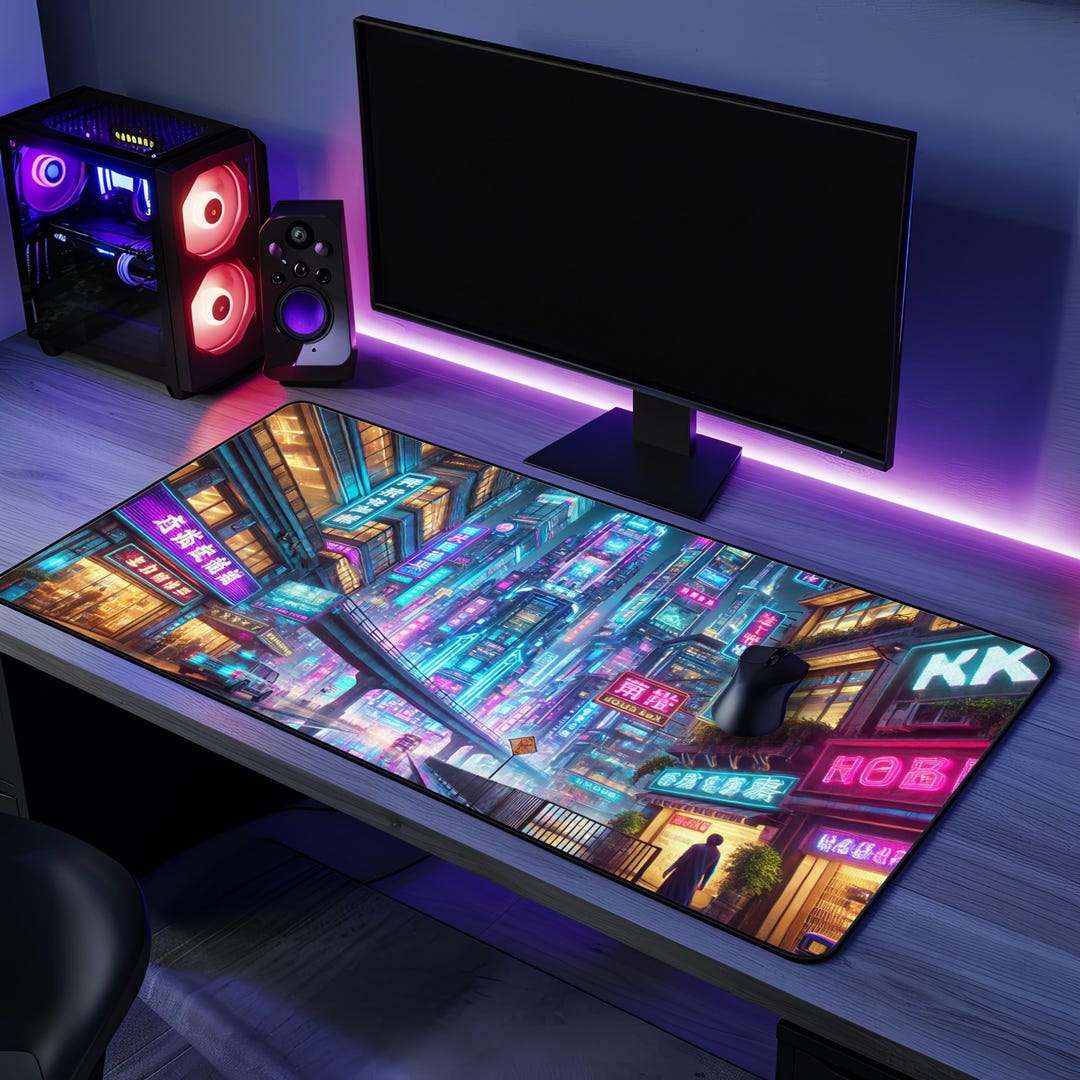 Cyberpunk Desk Mat Mouse Pad, Vibrant Cityscape Gaming Mat, Futuristic ...
