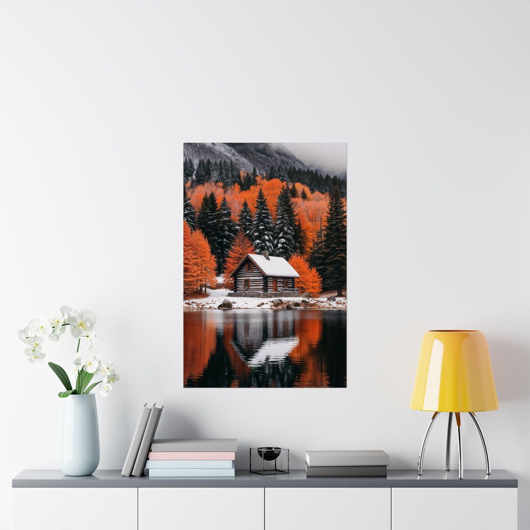 Rustic Cabin Matte Vertical Poster, Cozy Home Decor, Autumn Landscape ...