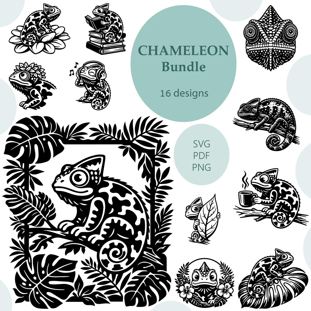 Chameleon SVG 16 Vector Clipart Bundle: Engrave Laser, Animal Print ...