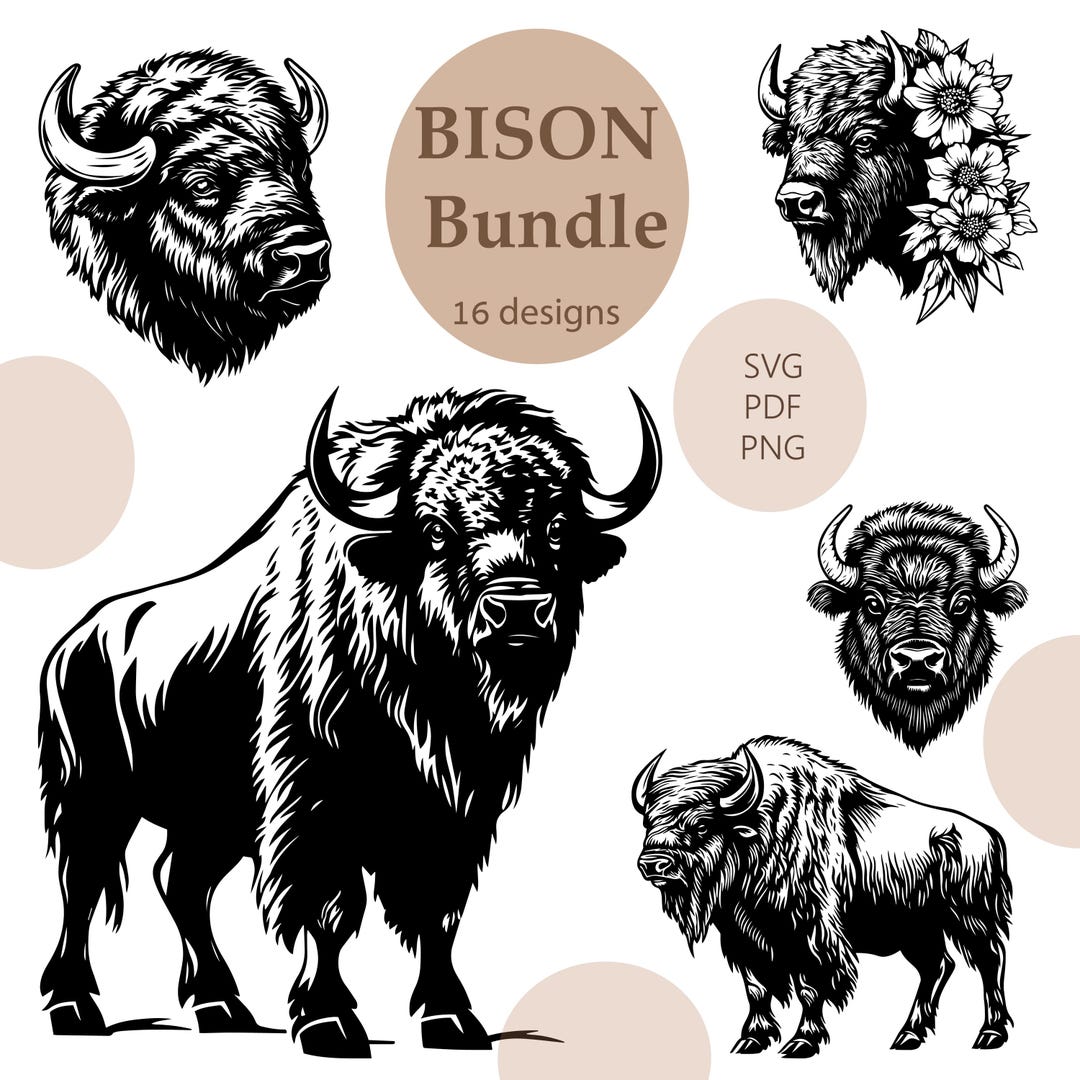Bison SVG 16 Vector Clipart Bundle: Engrave Laser, Animal Print, DIY ...