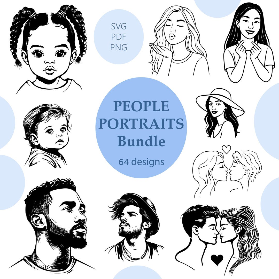 People Portraits SVG 64 Vector Clipart Bundle: Laser Engraving, Prints ...