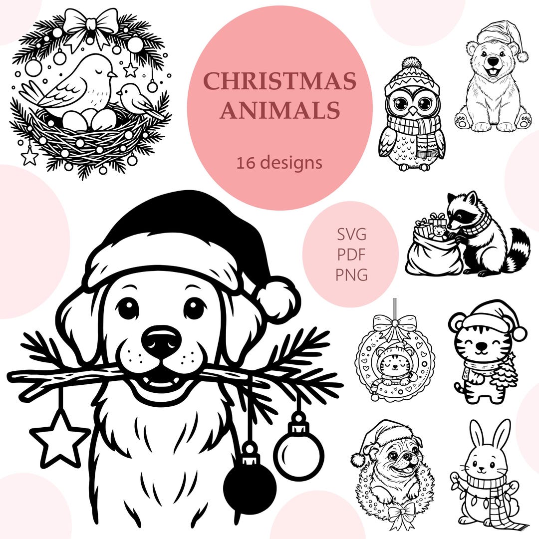 Christmas Animals SVG 16 Vector Clipart Bundle: Laser Engraving, Print ...