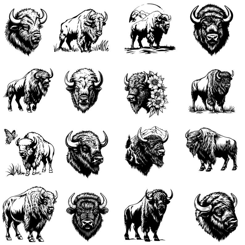Bison SVG 16 Vector Clipart Bundle: Engrave Laser, Animal Print, DIY ...