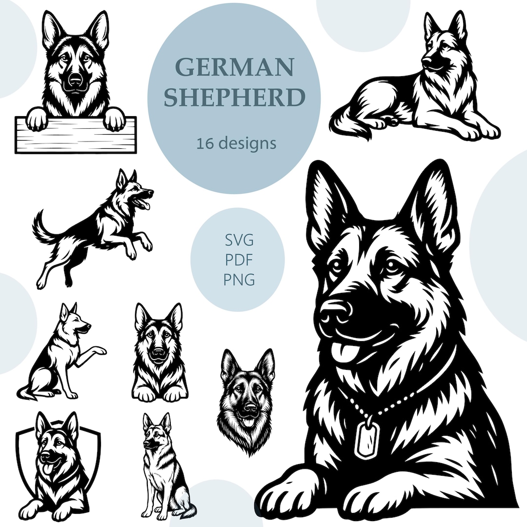 German Shepherd SVG 16 Vector Bundle: Engrave Laser, Animal Dog Print ...