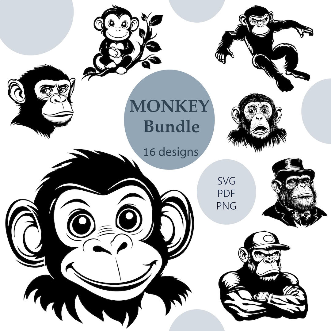 Monkey SVG 16 Vector Clipart Bundle: Laser Engraving, Prints ...