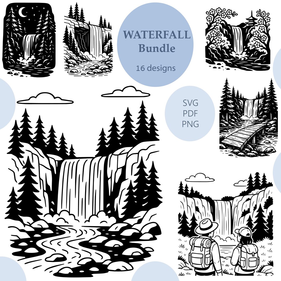 Waterfall SVG 16 Vector Clipart Bundle: Laser Engraving, Print ...