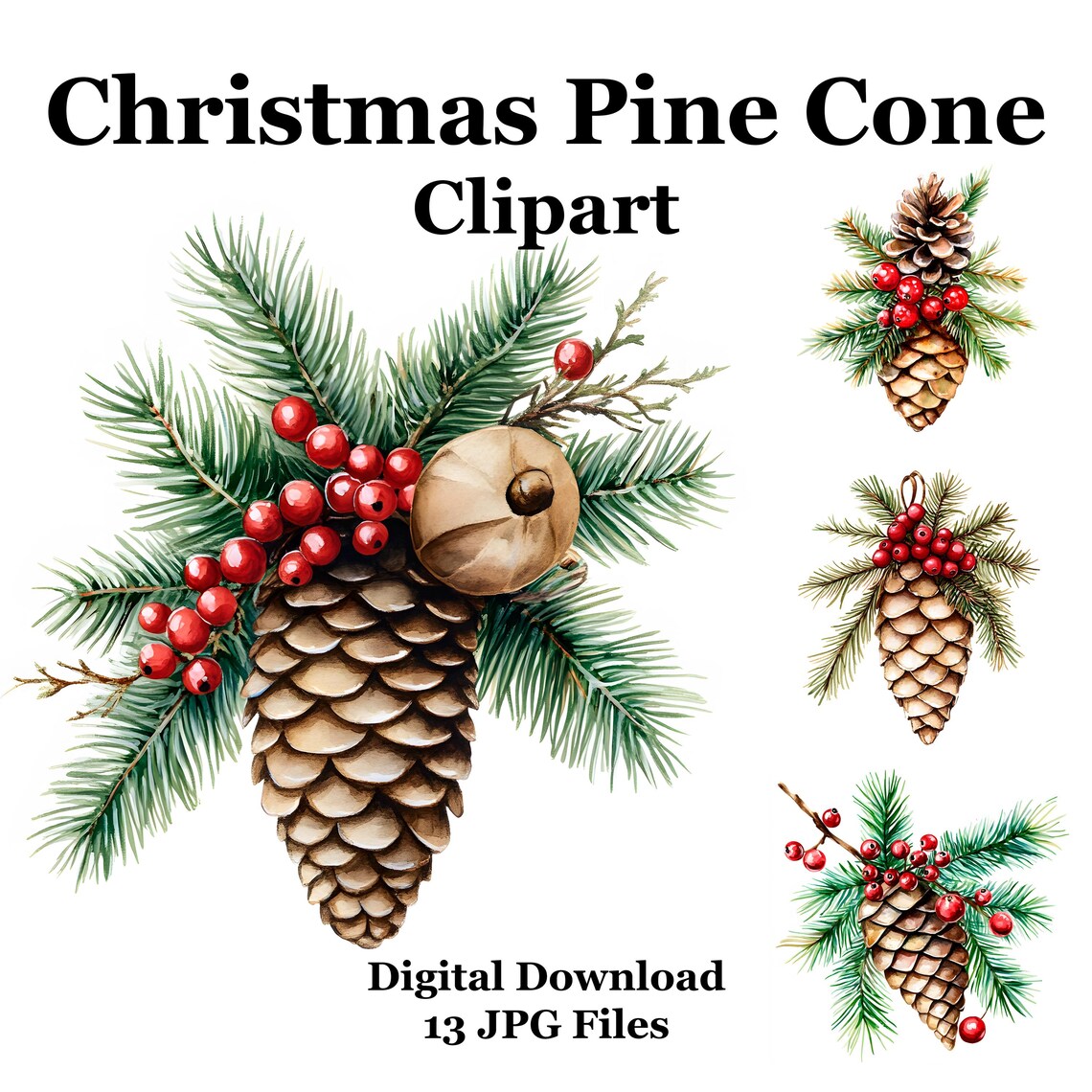 13 Christmas Pine Cone Clipart, Jpgs, Digital Download, Printable ...