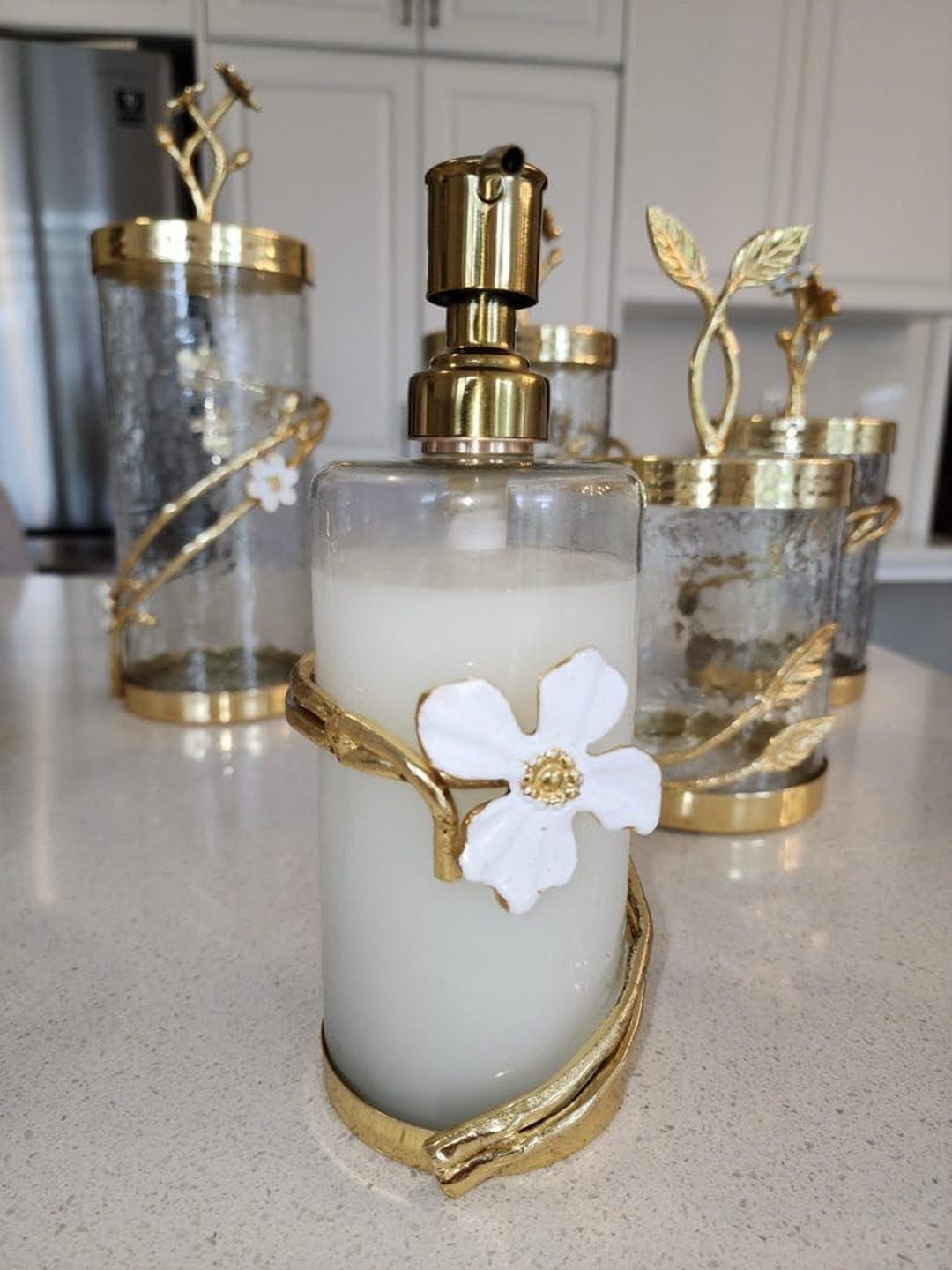 Handmade Glass Soap Dispenser – Gold Floral Bathroom & Kitchen ...