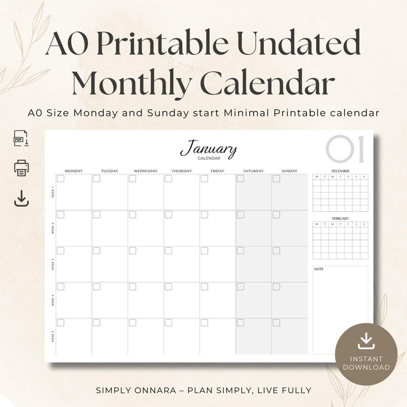 A0 Printable Undated Monthly Calendar - Etsy
