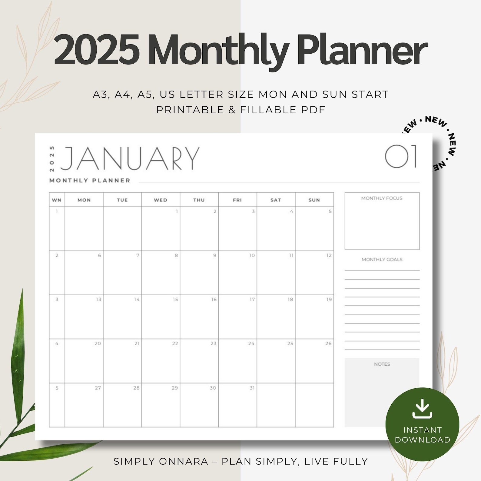 2025 Monthly Planner Printable and Fillable (A3, A4, A5, US Letter ...