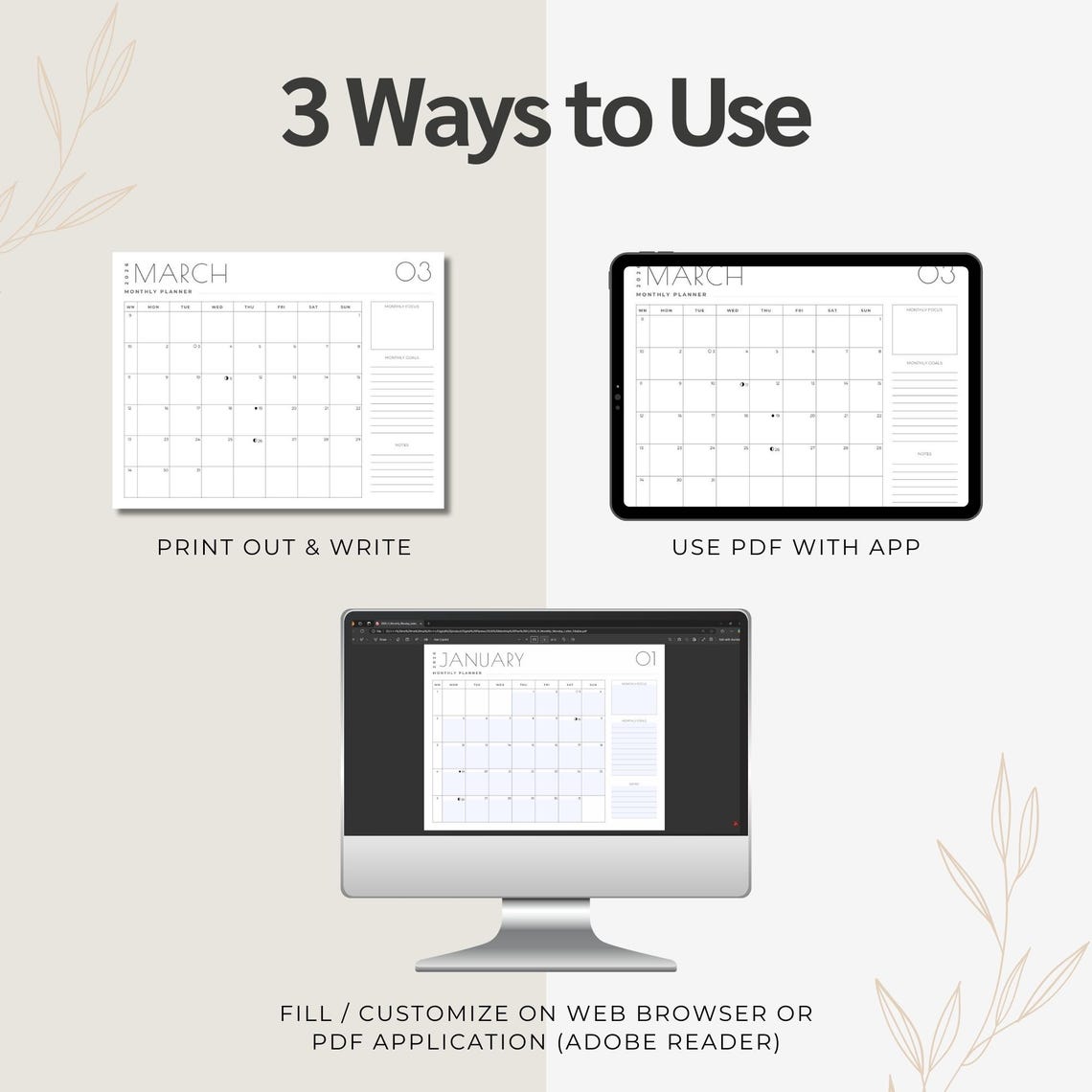 2026 Monthly Planner Printable and Fillable (A3, A4, A5, US Letter ...