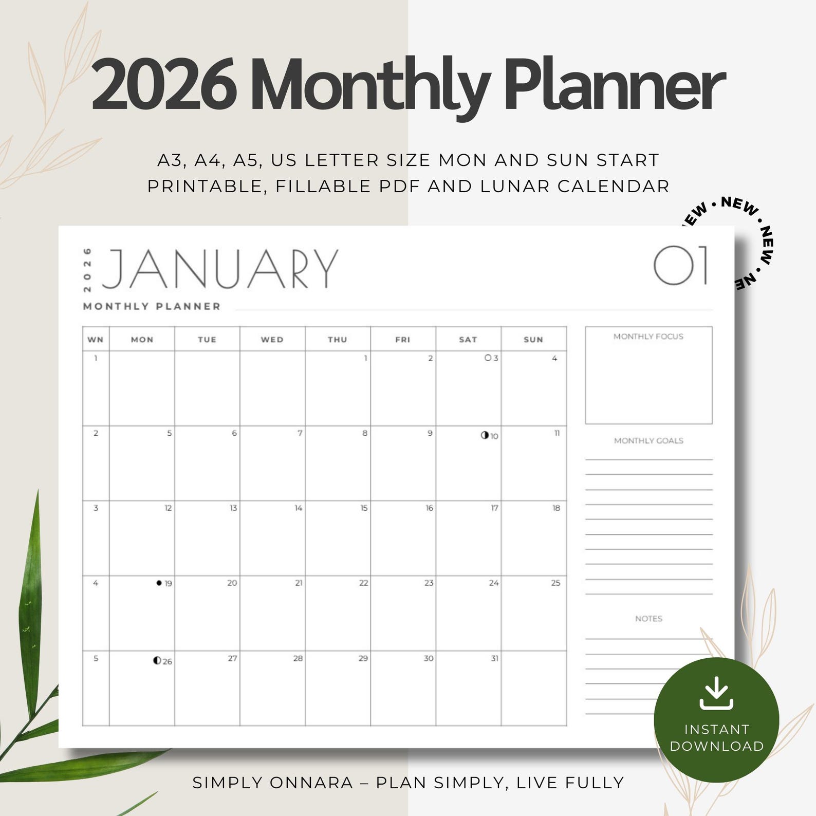 2026 Monthly Planner Printable and Fillable (A3, A4, A5, US Letter ...