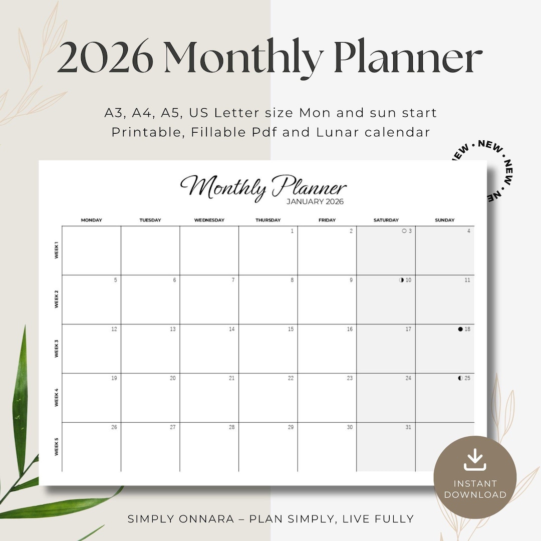 2026 Monthly Planner Printable, Fillable (A3, A4, A5, US Letter) Sunday ...