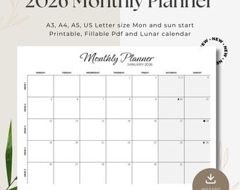 2026 Monthly Planner Printable and Fillable (A3, A4, A5, US Letter ...