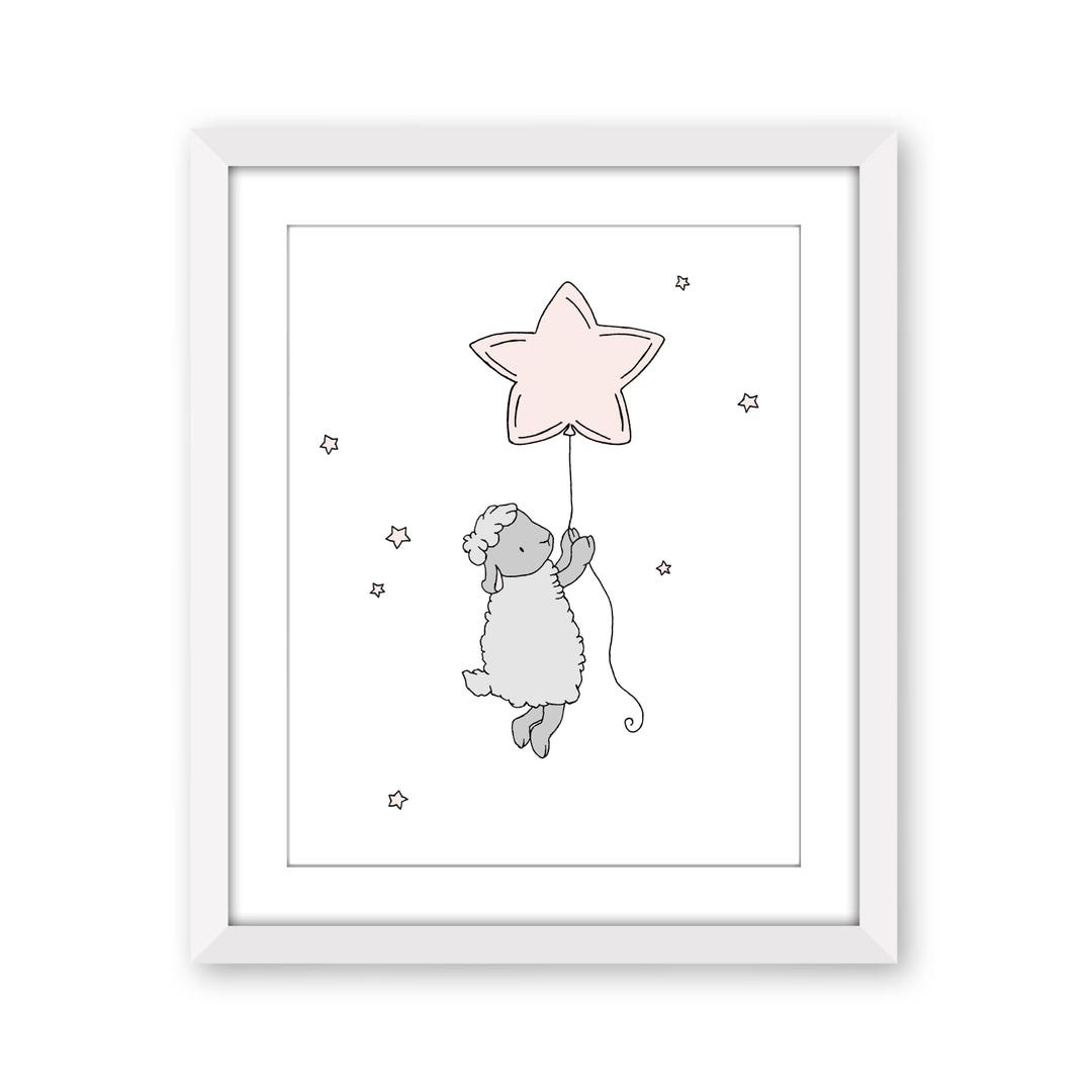 Lamb Nursery Art, Lamb Star Balloon Print, Pink and Gray Nursery Decor ...