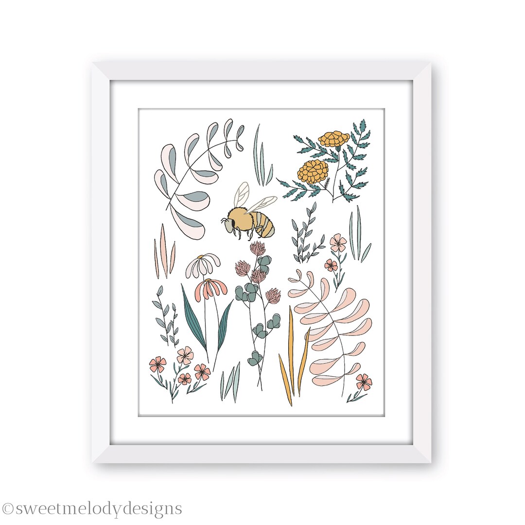 Printable Boho Bee Botanical Art - Digital Download - Floral Botanical ...
