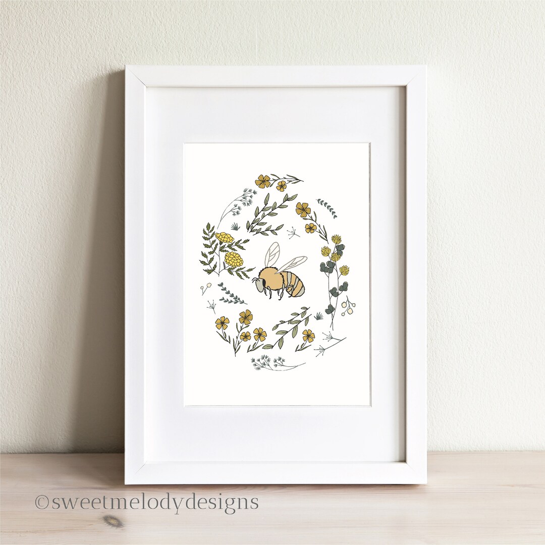 Honey Bee Flowers - Bee Floral Art - Floral Bug Print - Girls Room ...