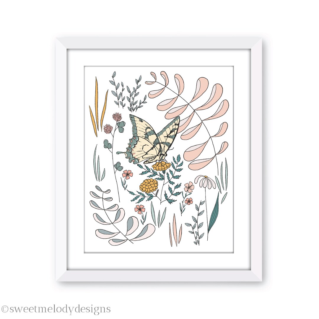 Printable Boho Butterfly Botanical Art - Digital Download - Floral ...