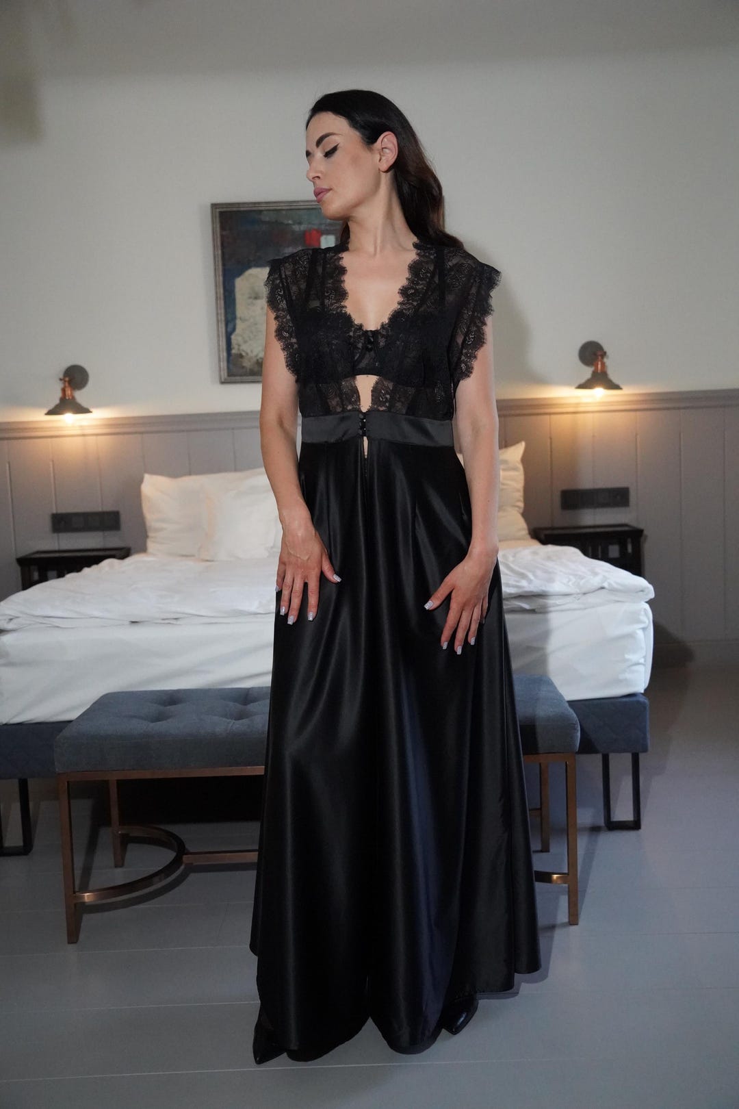 Luxurious and Sexy Long Handmade Robe Made of Natural Silk and Lace ...