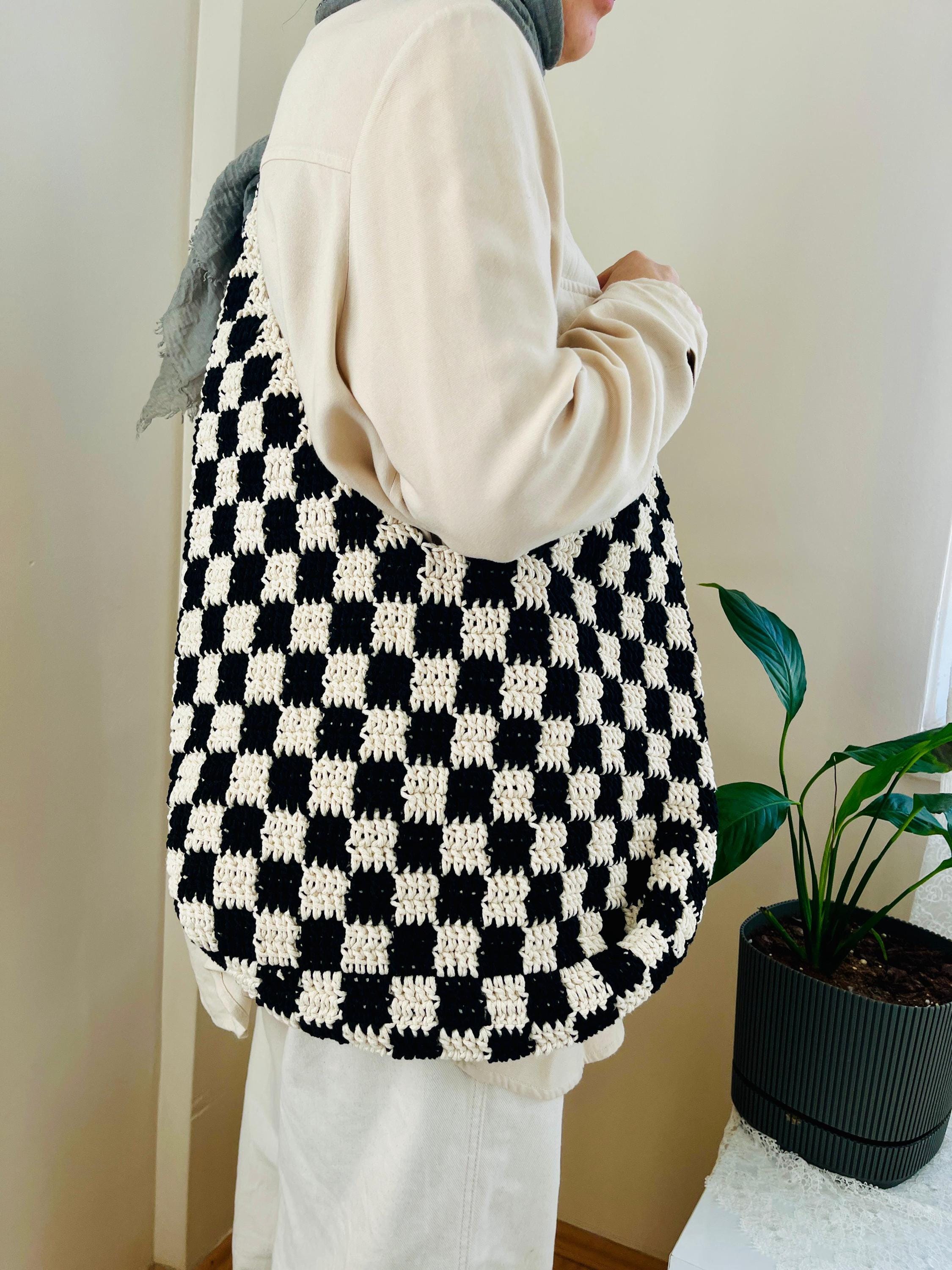 Checkerboard Bag, Black Handmade Checkered Bag, Crochet Tote Bag ...