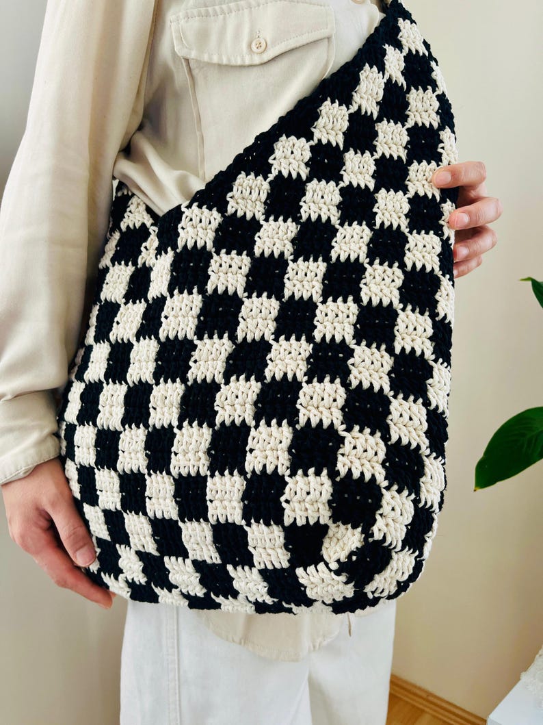 Checkerboard Bag, Black Handmade Checkered Bag, Crochet Tote Bag ...