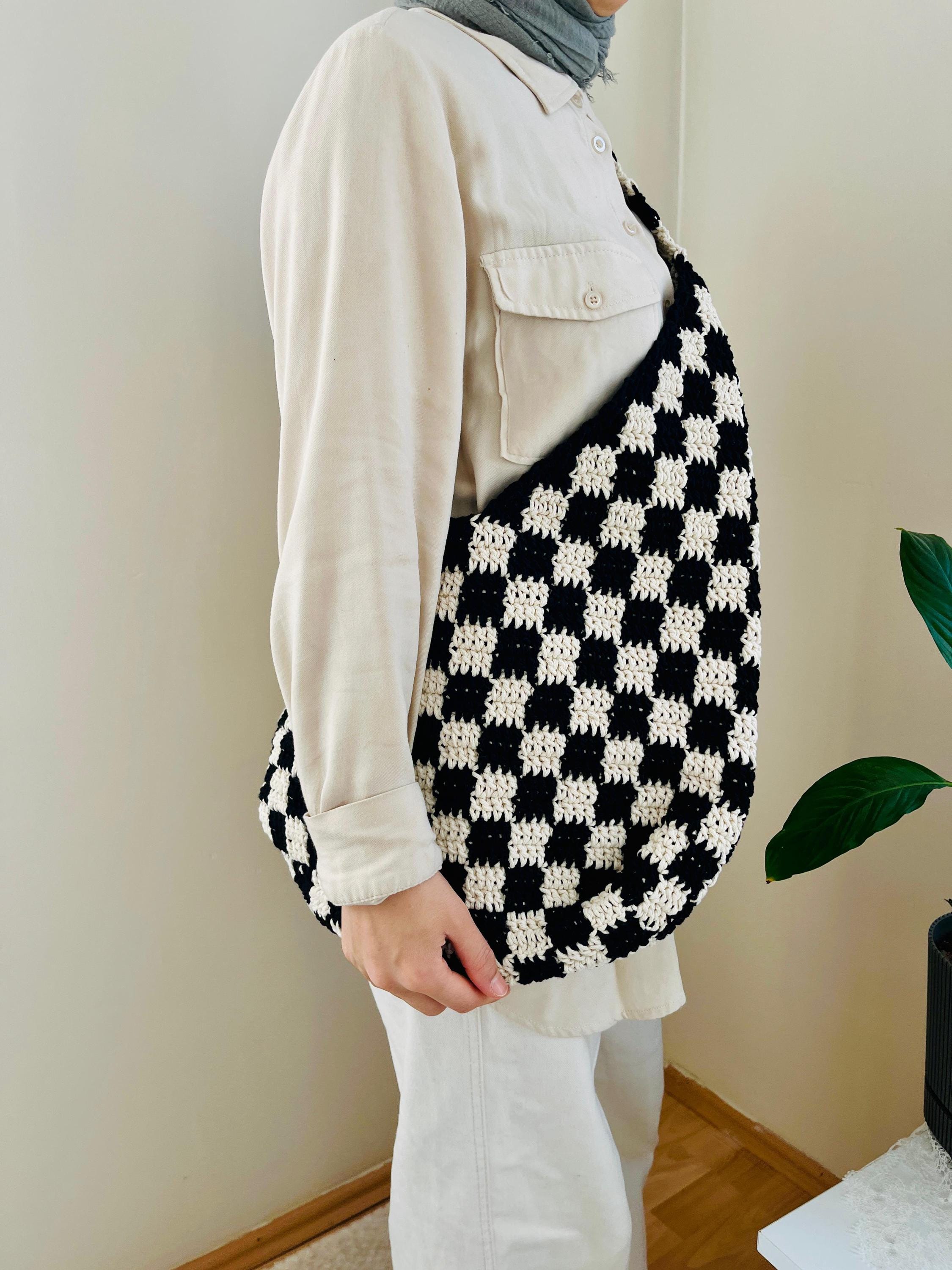 Checkerboard Bag, Black Handmade Checkered Bag, Crochet Tote Bag ...