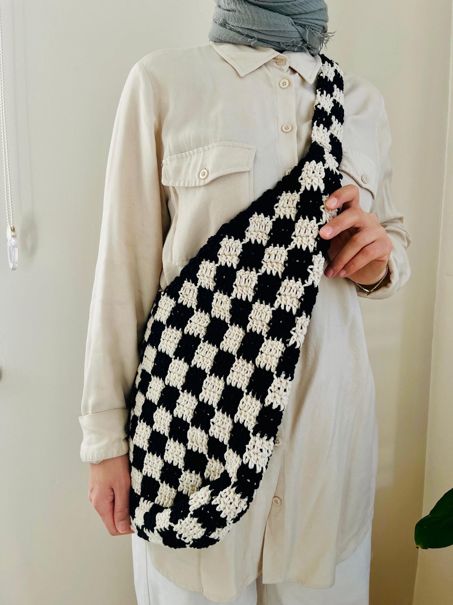 Checkerboard Bag, Black Handmade Checkered Bag, Crochet Tote Bag ...