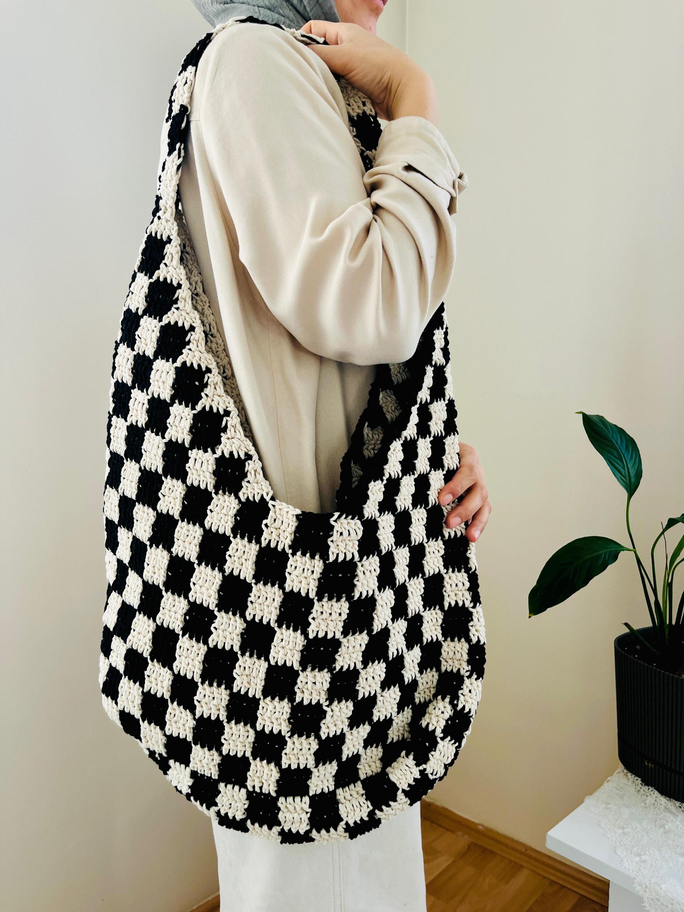 Checkerboard Bag, Black Handmade Checkered Bag, Crochet Tote Bag ...