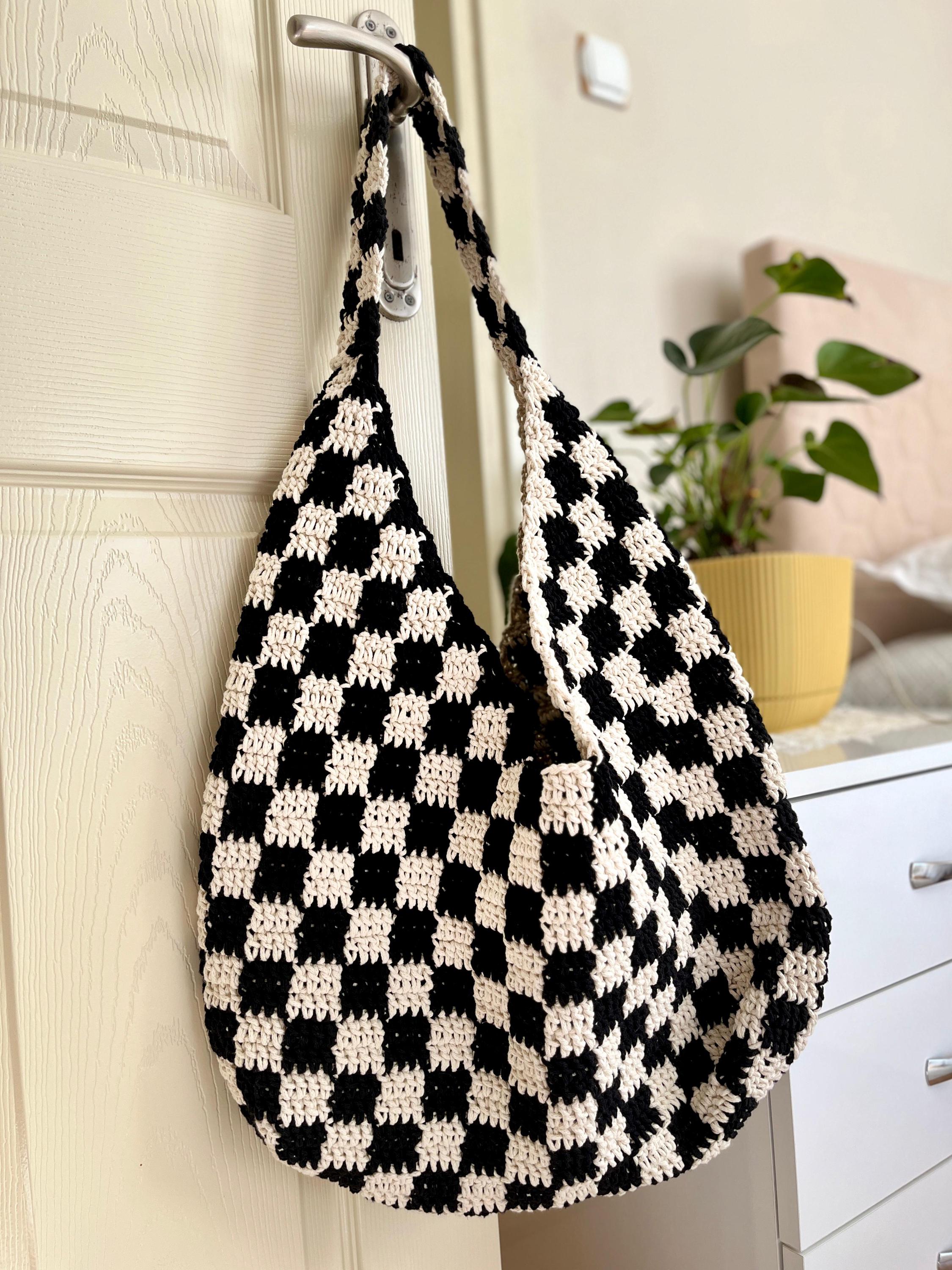 Checkerboard Bag, Black Handmade Checkered Bag, Crochet Tote Bag ...