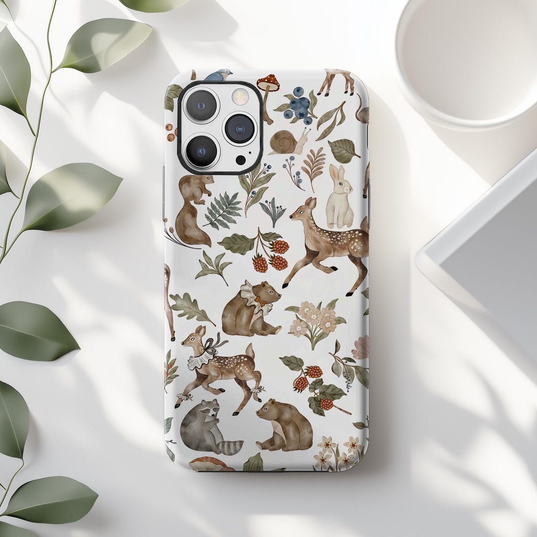 Woodland Animal Phone Case, Cute Deer Bear Bunny Floral iPhone 16 15 14 ...