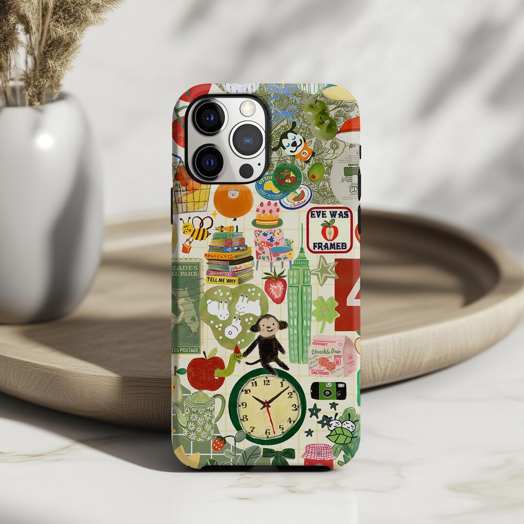 Vintage Japanese Collage Phone Case: Cute Retro Green Kawaii iPhone 16 ...
